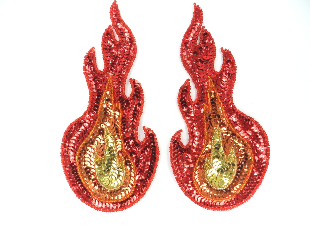 Flame Appliques Red Orange Fire Sequin Beaded MIRROR PAIR Dance Costume ...