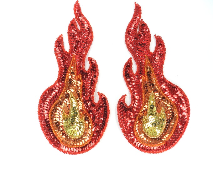 Flame Fire Applique Red Orange Sequin Beaded MIRROR PAIR Hot Fix Patch ...