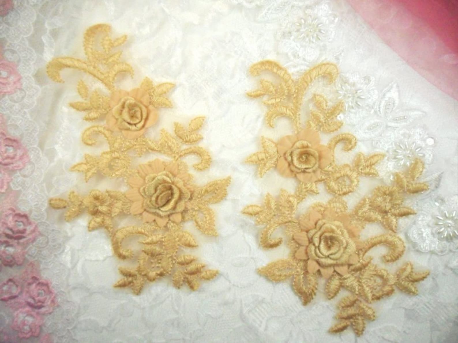 3D Embroidered Lace Patch Gold Floral Venice Lace Mirror Pair | Etsy