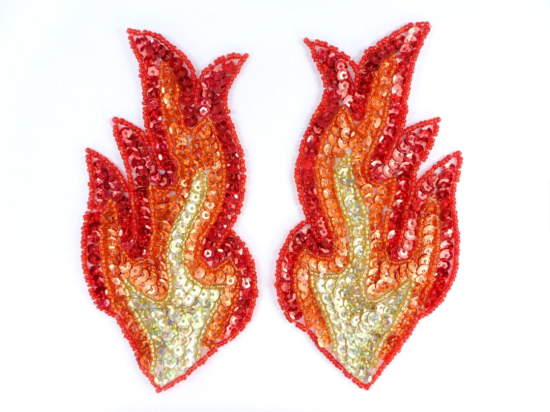 Flame Appliques HOLOGRAPHIC Red Orange Fire Sequin Beaded MIRROR PAIR ...