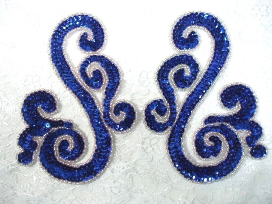 0013 Blue Sequins Silver Beads Scroll Mirror Pair Sequin Beaded ...