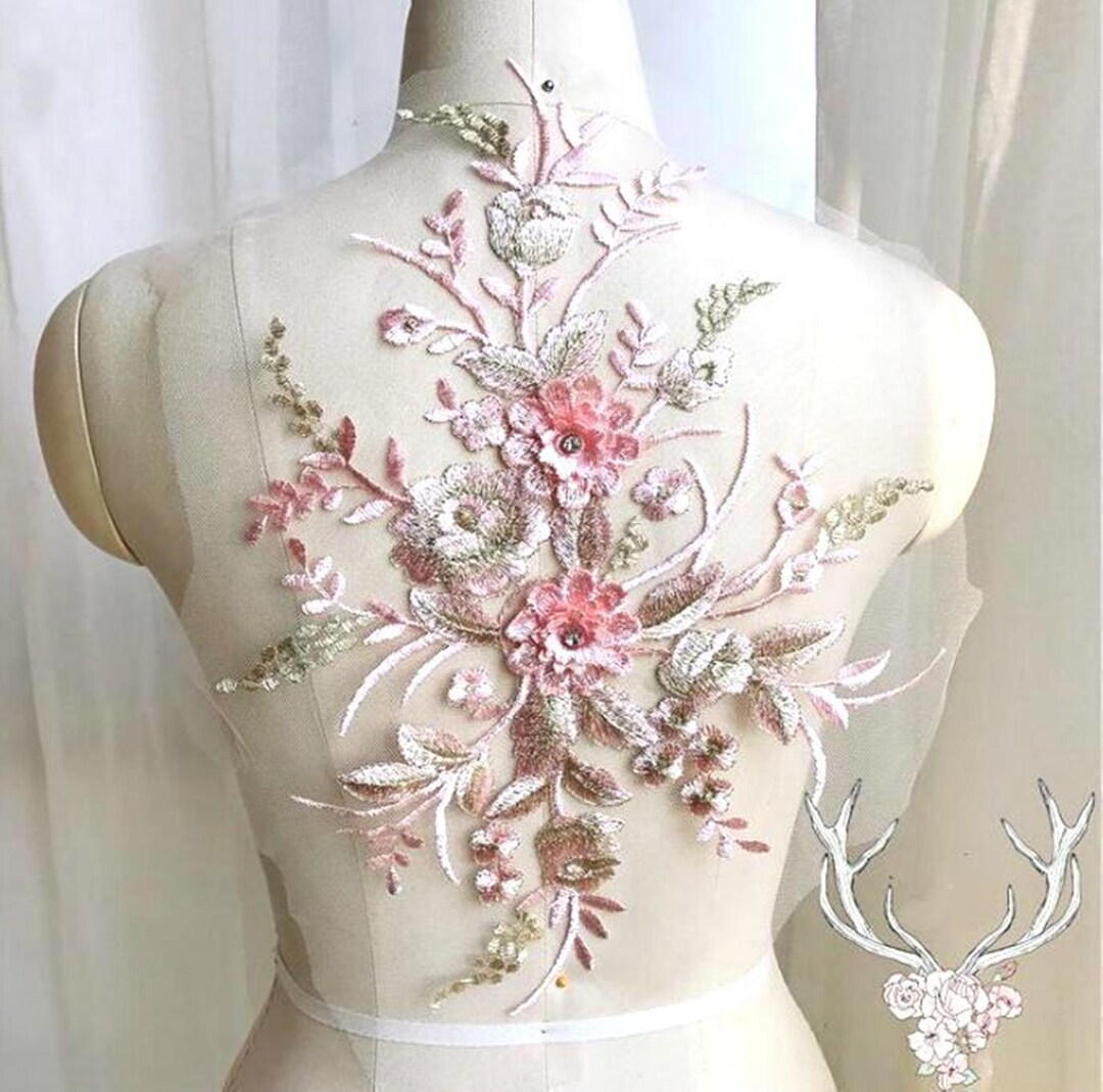 3 Dimensional Embroidered Lace Applique Pink Gold Floral Costume Dance ...