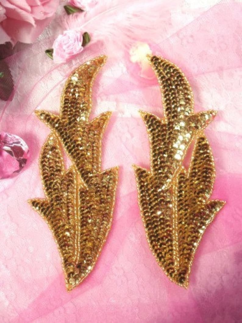 0299 Gold Leaves Mirror Pair Beaded Sequin Appliques 7 "sewing Crafts Bridal Motif 0299x-gl - Etsy