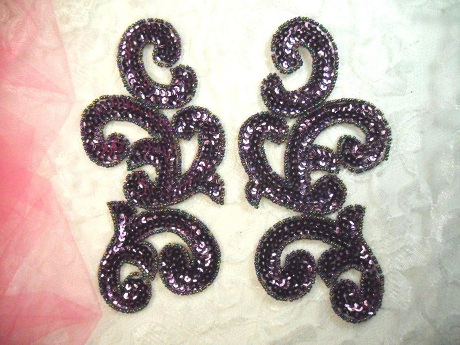 Sequin Appliques Plum Scroll Designer Beaded Iron on Hot Fix Mirror ...