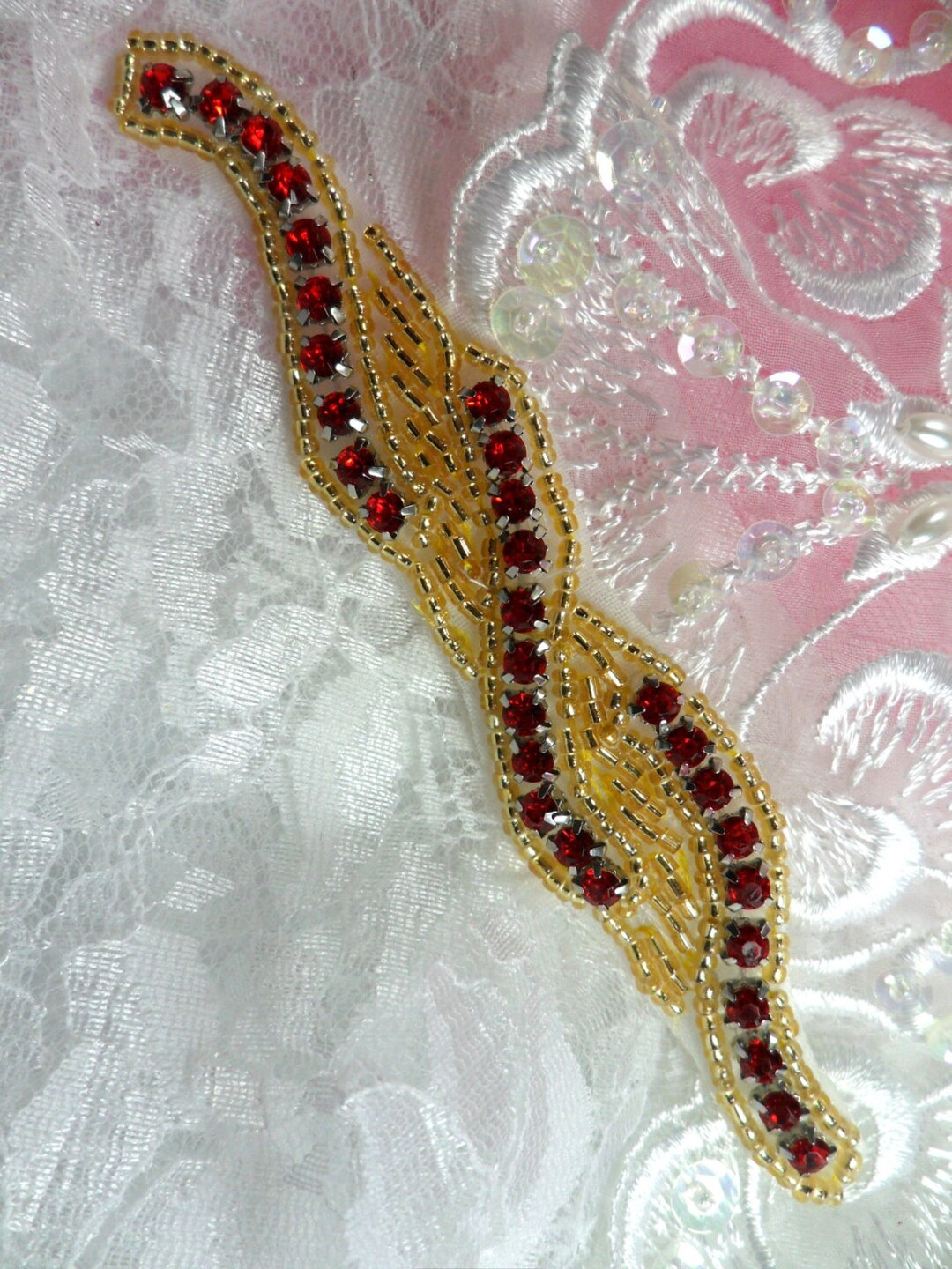 XR129 Red Crystal Rhinestone Gold Beaded Applique Patch 4.75" (xr129 ...