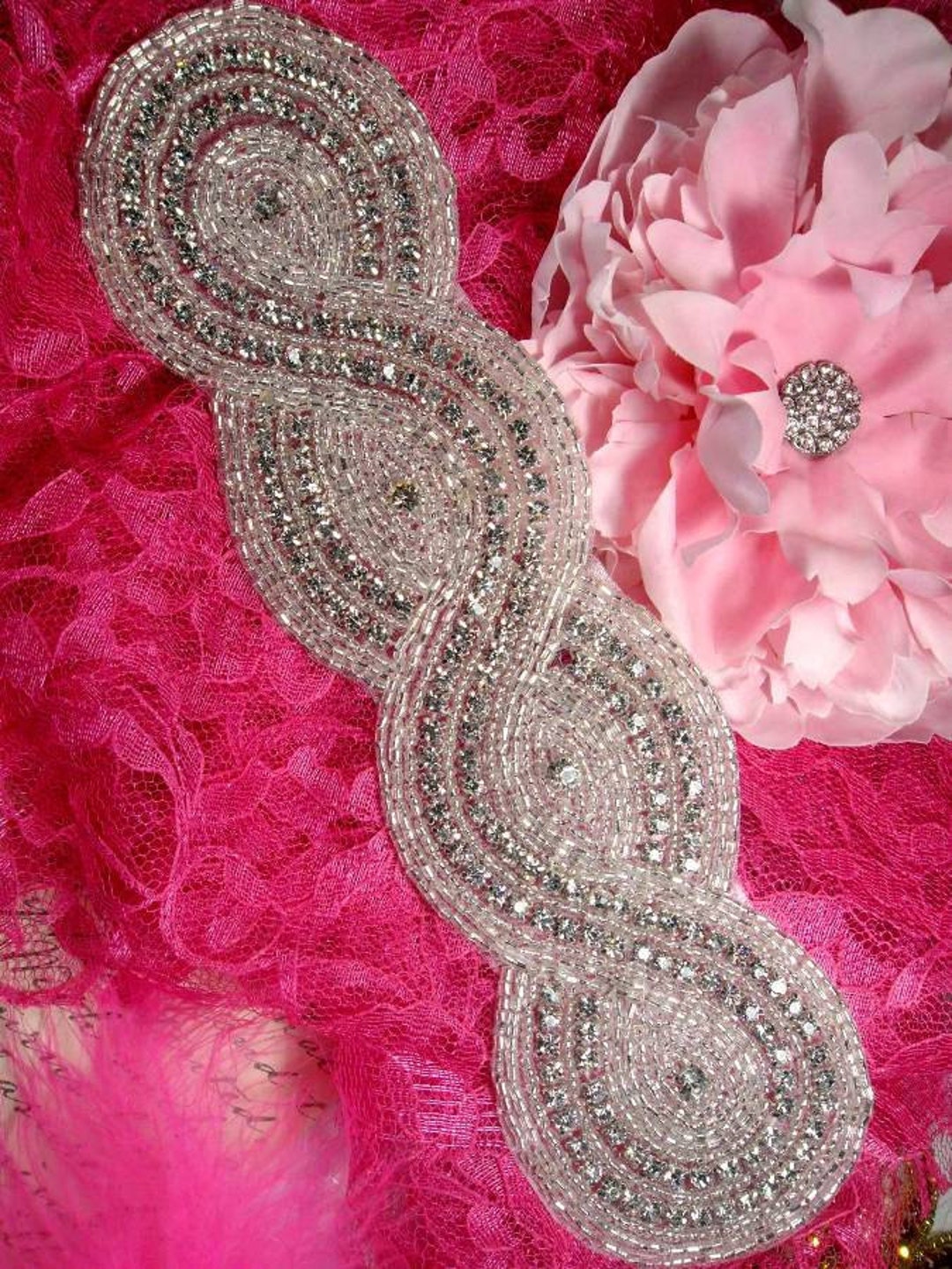 JB29 Large Braided Silver Beaded Crystal Rhinestone Applique Motif 9.5 ...