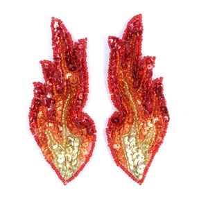 Flame Appliques Fire Red Orange Gold Beaded HOLOGRAPHIC Sequin Mirror ...