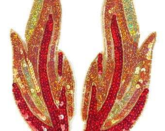 Flame Appliques Fire Red Orange Gold Beaded HOLOGRAPHIC Sequin Mirror ...