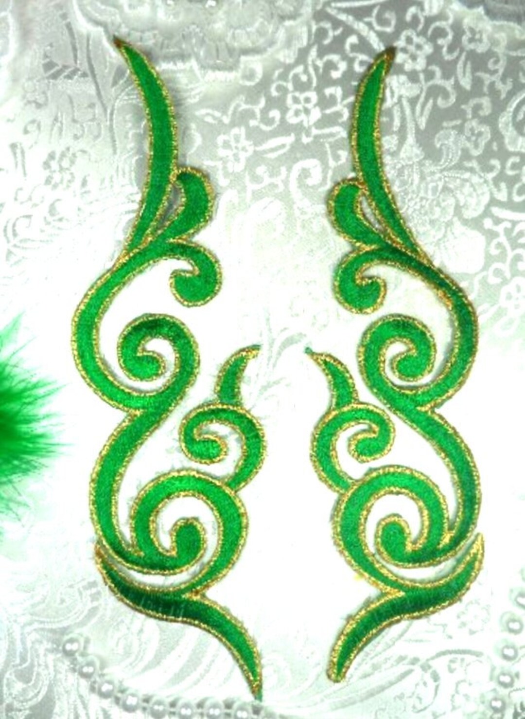 Embroidered Appliques MIRROR PAIR Green Gold Scroll Metallic Iron on ...