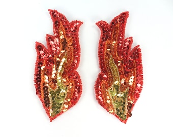 Flame Appliques HOLOGRAPHIC Red Orange Fire Sequin Beaded MIRROR PAIR ...
