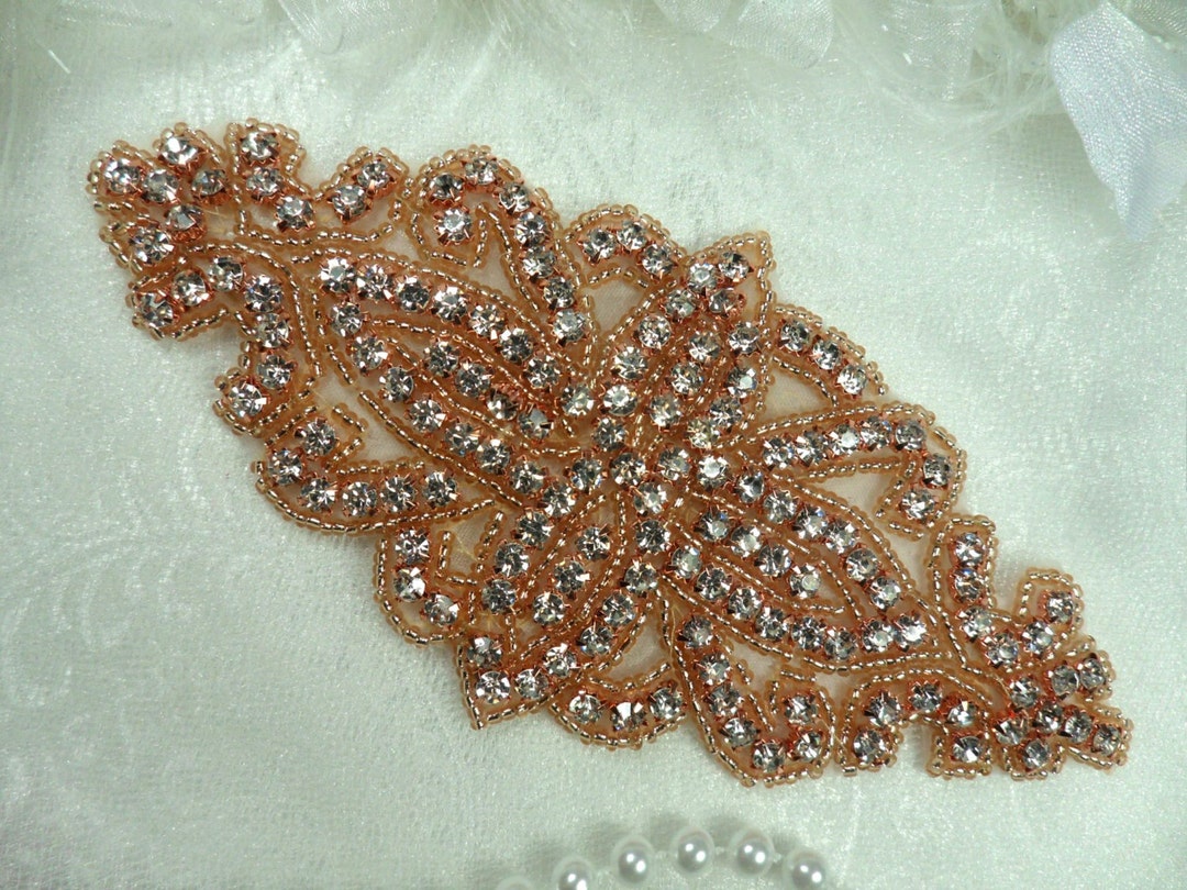 DH8 Rose Gold Beaded Applique Crystal Glass Rhinestone Costume Patch ...