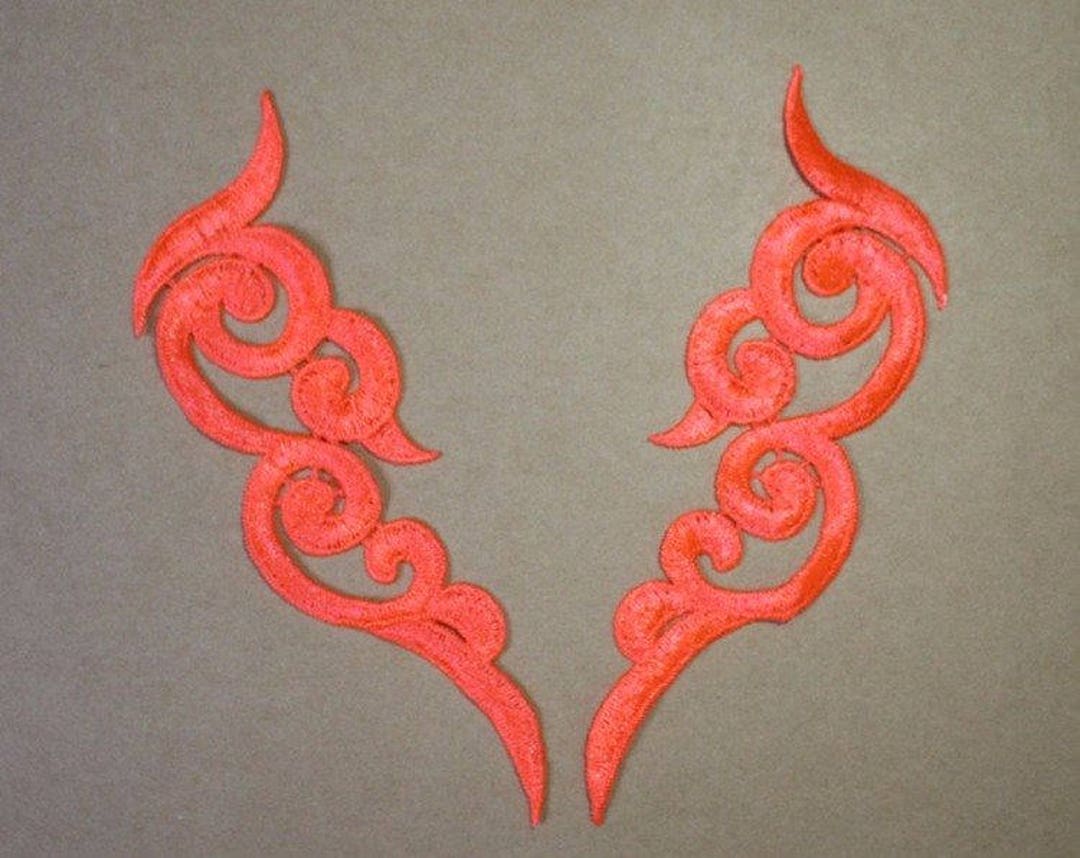 Embroidered Appliques Neon Orange Scroll Design Mirror Pair Motifs ...