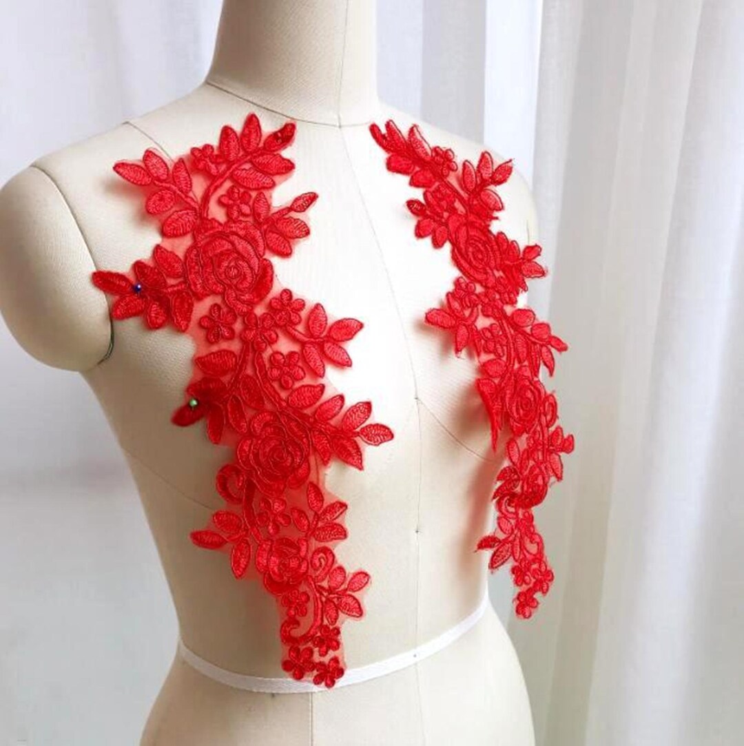 Embroidered Lace Appliques Red Floral Venice Lace Mirror Pair Ballet ...