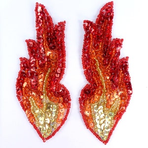 Flame Appliques Fire Red Orange Gold Beaded HOLOGRAPHIC Sequin Mirror ...