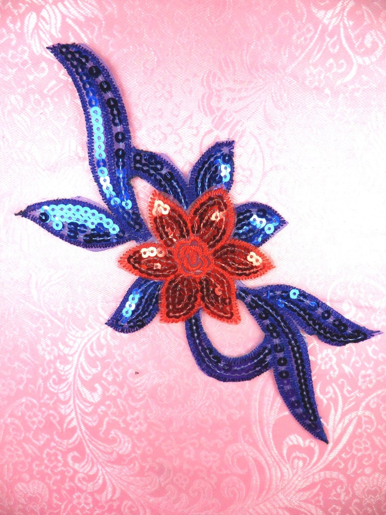 GB88 Royal Blue Red Embroidered Flower Sequin Applique 9.25" (gb88-blrd ...