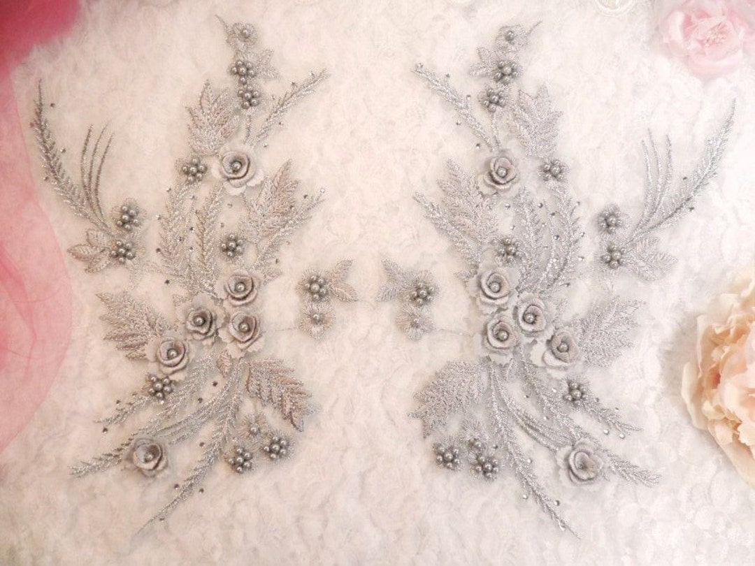 Embroidered 3D Appliques Silver Metallic Floral Mirror Pair W/ Pearls ...