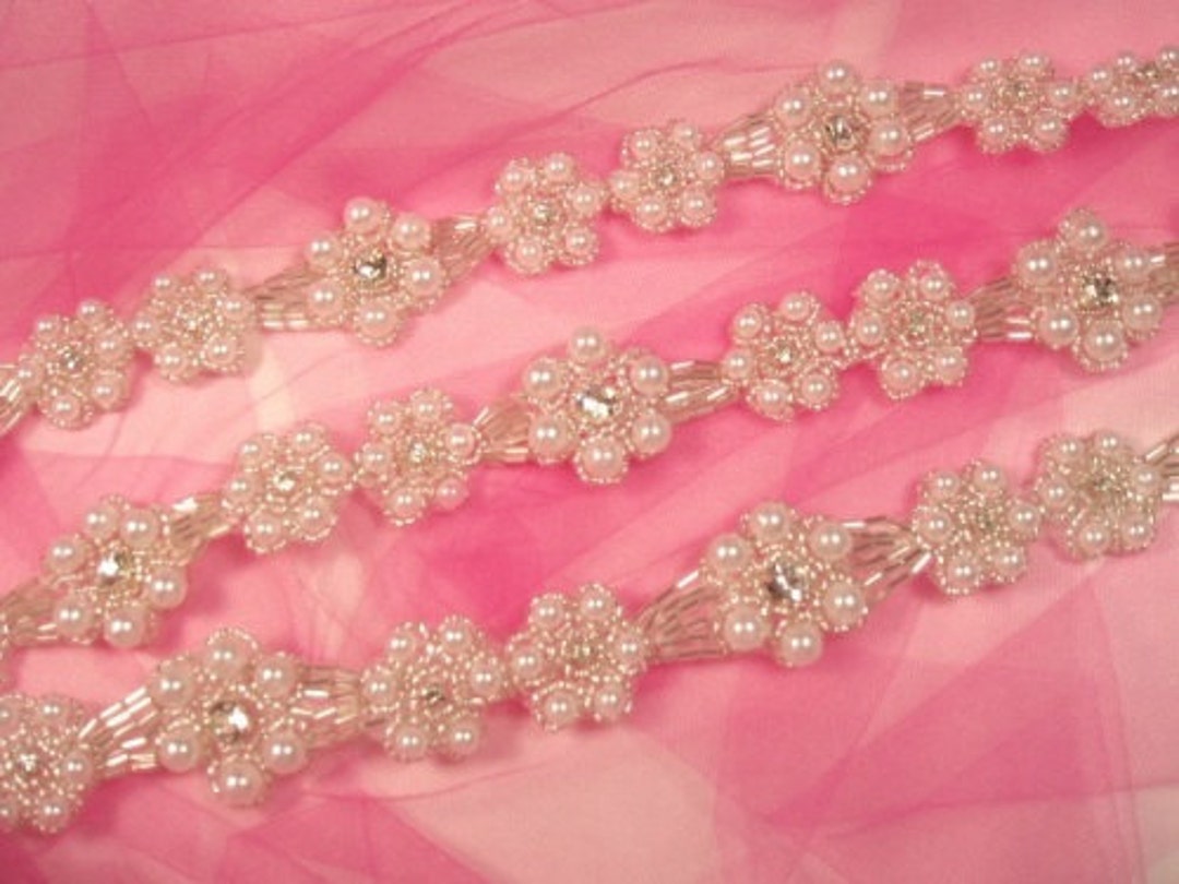 0428 Genuine Rhinestone Pearl Beaded Trim Floral Flower Design Great ...