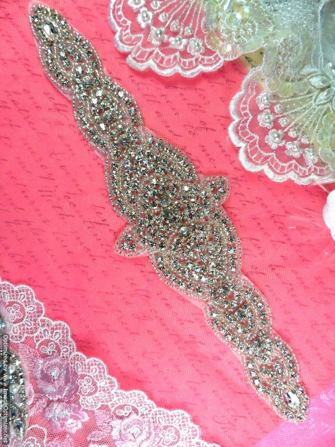 XR246 Crystal Rhinestone Applique Bridal Sash Motif Silver Beaded ...
