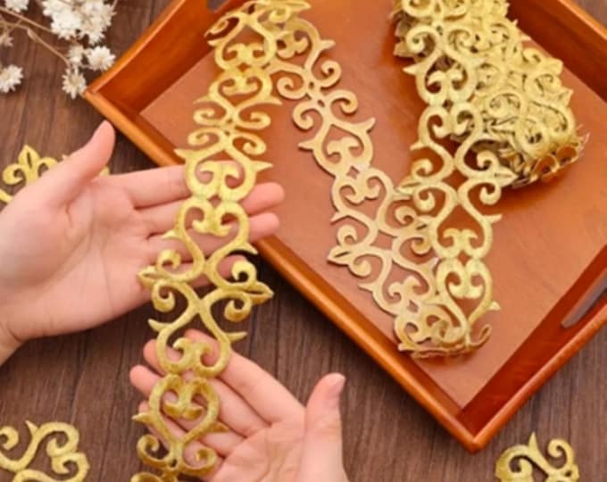 Embroidered Trim Gold Metallic Scroll Iron on 3" Hot Fix Decorative ...