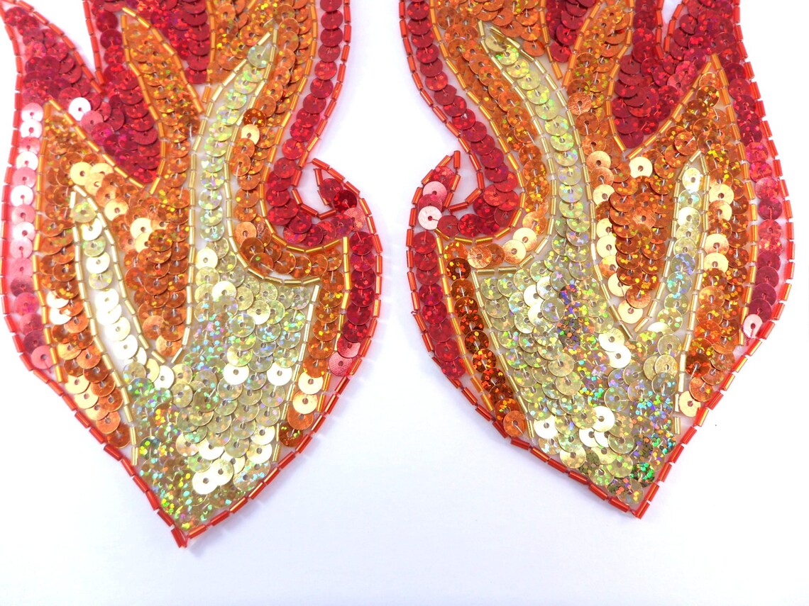 Flames of Fire Appliques Mirror Pair Beaded Holographic | Etsy