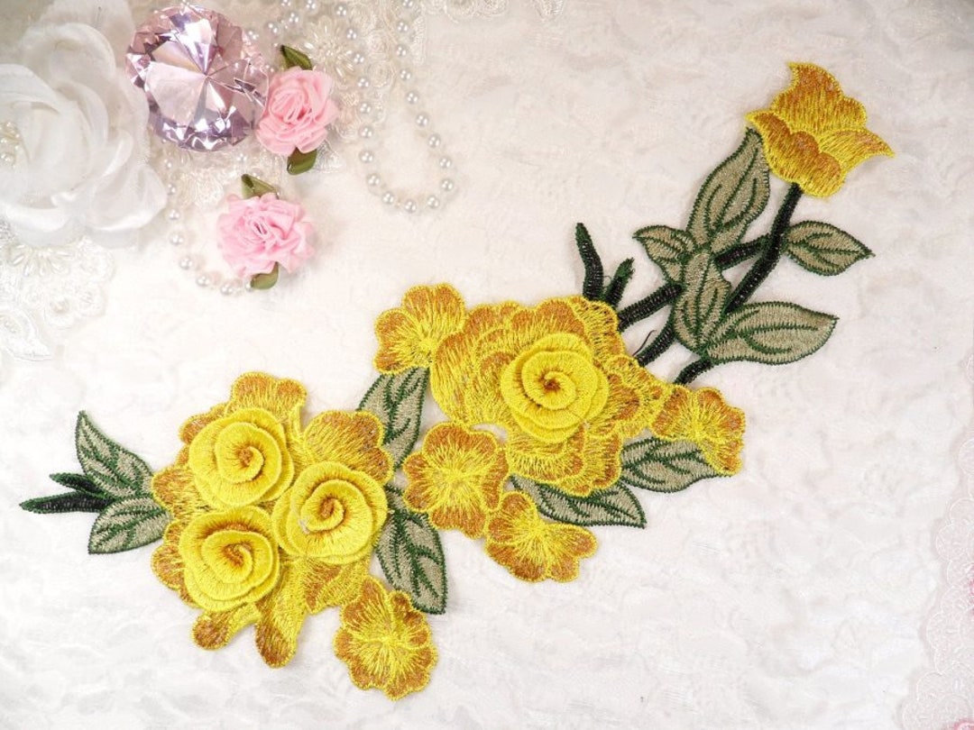 Embroidered Floral 3D Applique Yellow Rose Patch Craft Motif 11.25 ...