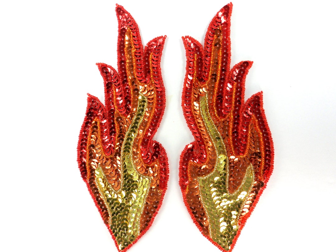 Flame Fire Applique Red Orange Sequin Beaded MIRROR PAIR Hot Fix Patch ...