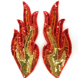 Flame Fire Applique Red Orange Sequin Beaded MIRROR PAIR Hot Fix Patch ...