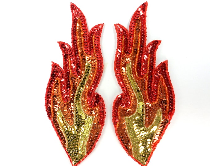 Flame Fire Applique Red Orange Sequin Beaded MIRROR PAIR Hot Fix Patch ...