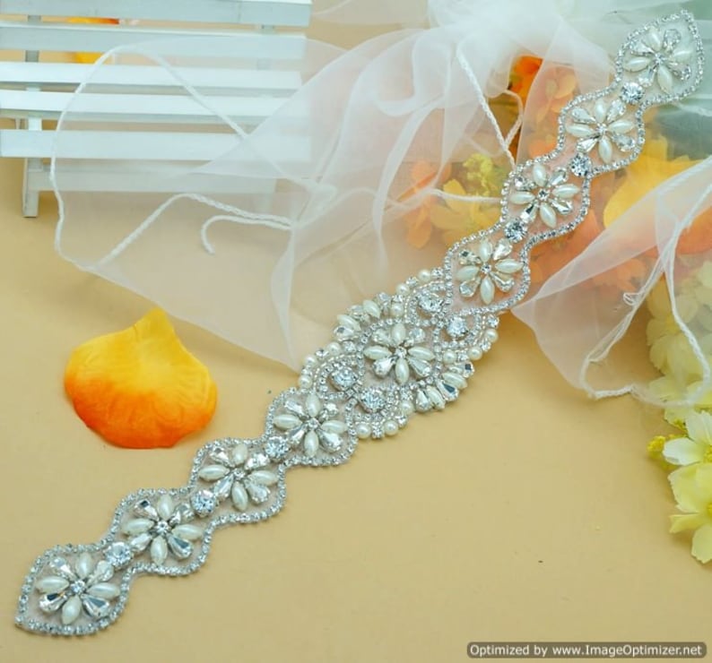DH13 Bridal Sash Motif Silver Crystal Clear Glass Rhinestone Applique ...