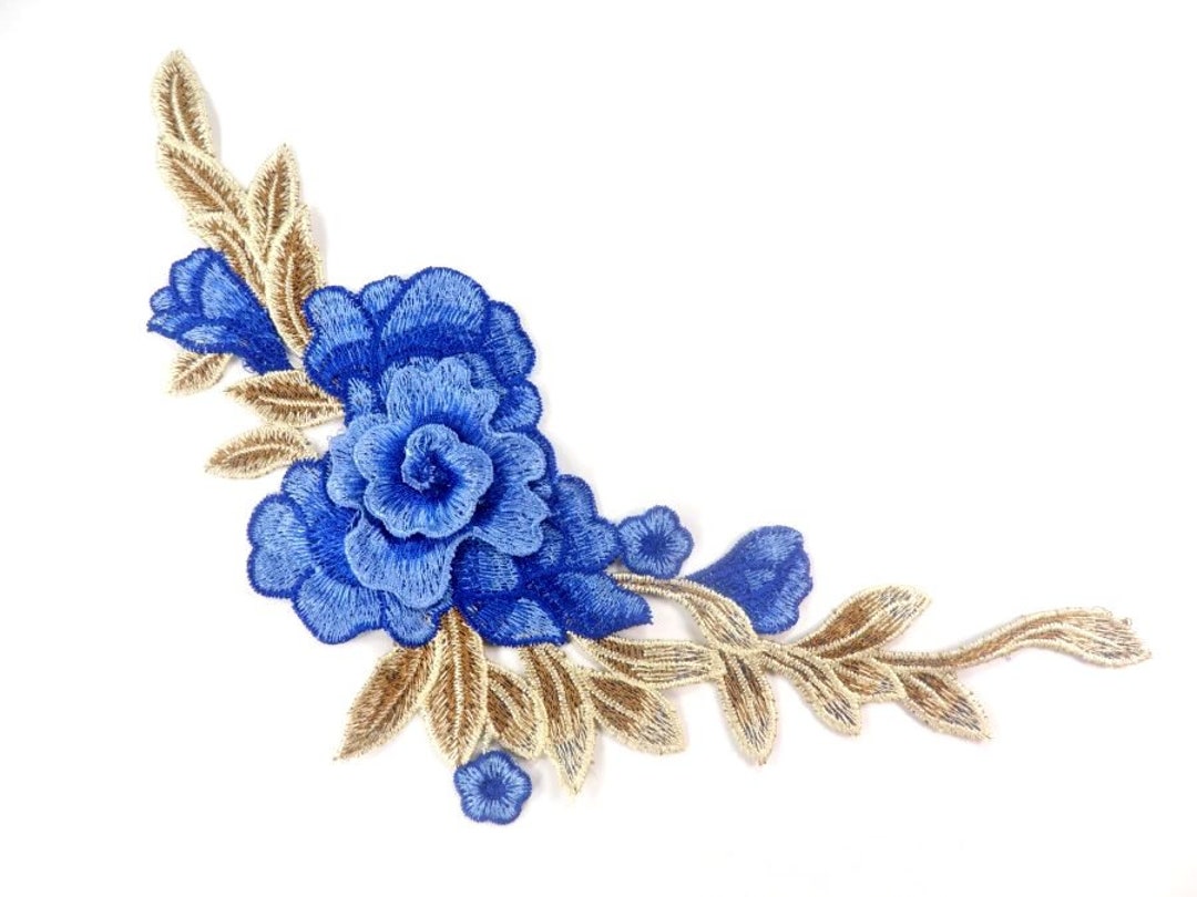 3D Applique Embroidered Blue Floral Craft Patch Clothing Motif 13.5 ...