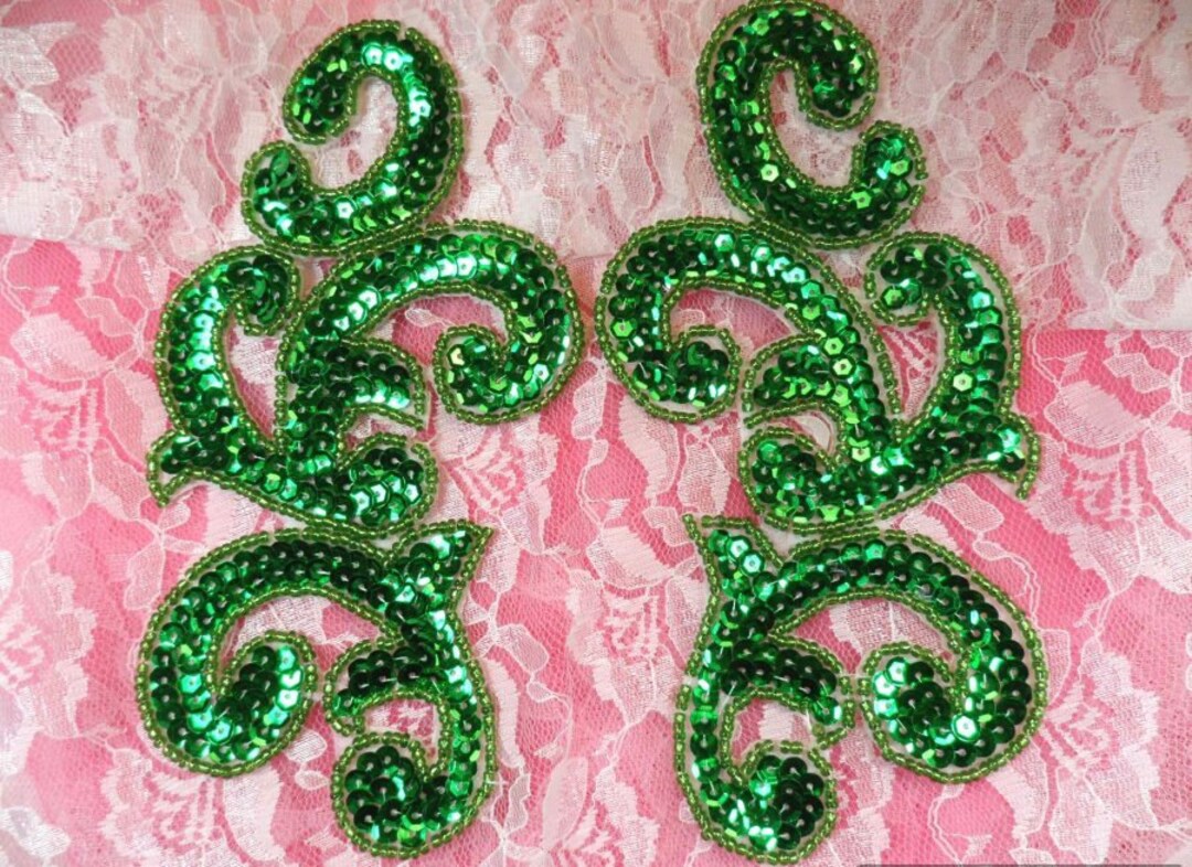 Sequin Appliques Green Mirror Pair Scroll Designer Beaded Iron on Patch 7" (xr357x-gr) - Etsy
