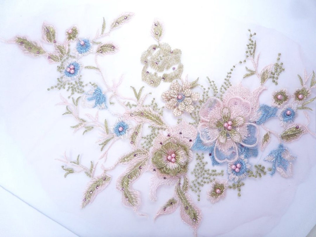 3 Dimensional Embroidered Lace Applique Pink Blue Floral Costume Dance ...
