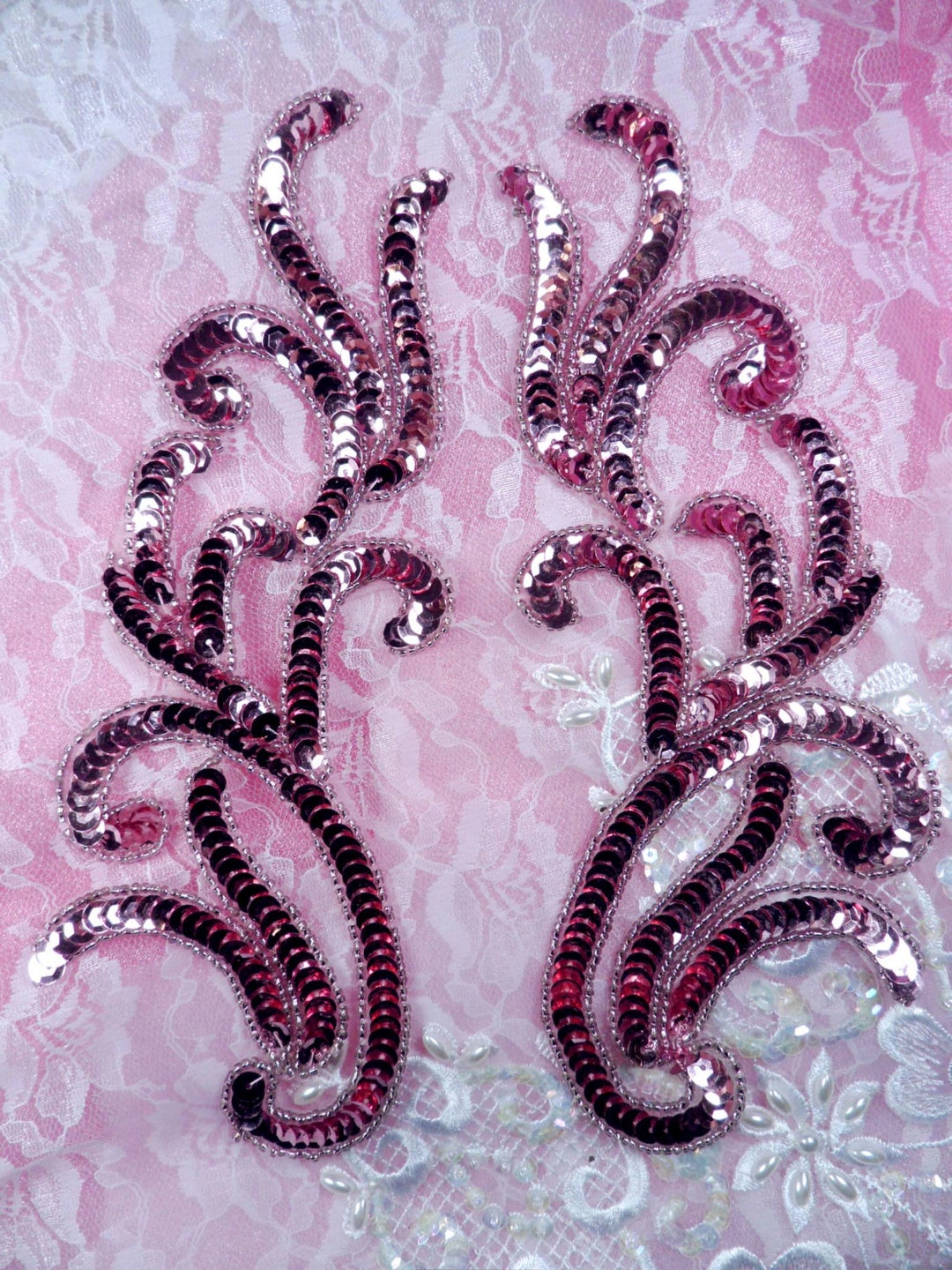 0170 Mauve Mirror Pair Beaded Sequin Appliques 9" Sewing Crafts Bridal ...