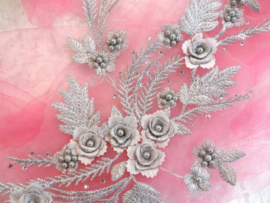 Embroidered 3D Appliques Silver Metallic Floral Mirror Pair w/ | Etsy