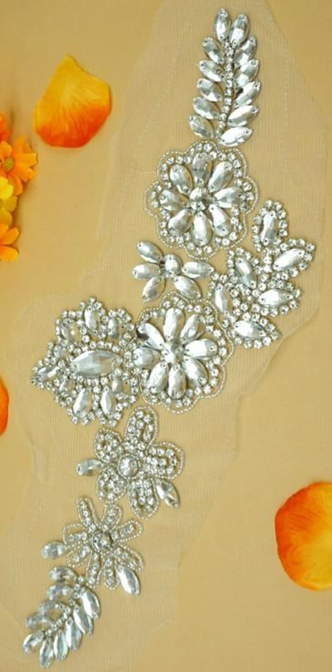 Dh11 Reserved Crystal Rhinestone Applique Silver Beaded Floral On Mesh