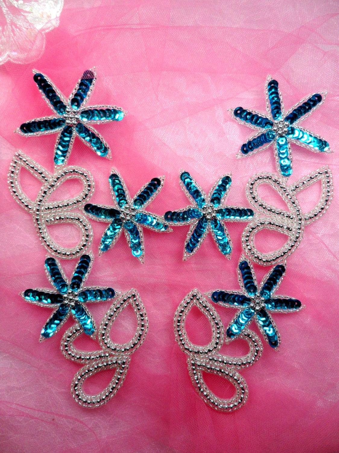 0461 Turquoise Floral Mirror Pair Sequin Silver Beaded | Etsy