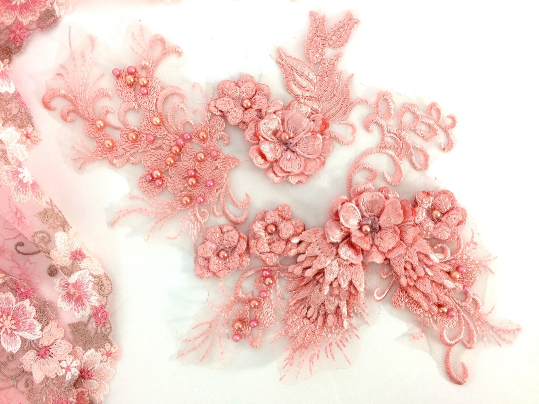 3 Dimensional Embroidered Lace Applique Dusty Rose Mauve Floral Costume ...