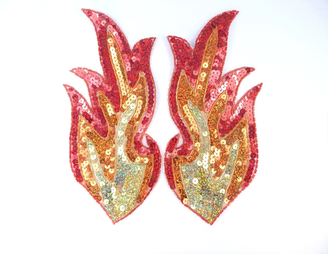 Flames of Fire Appliques Mirror Pair Beaded Holographic Sequin Sewing ...