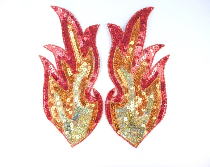 Flames of Fire Appliques Mirror Pair Beaded Holographic Sequin Sewing ...