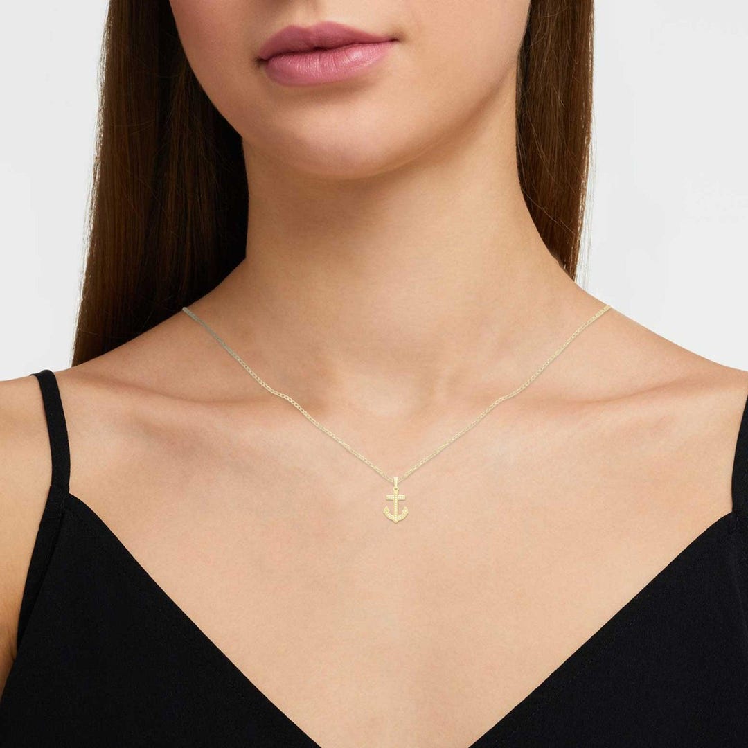 Gold Anchor Necklace, 14K Gold Plated Nautical Pendant, Zirconia Anchor ...