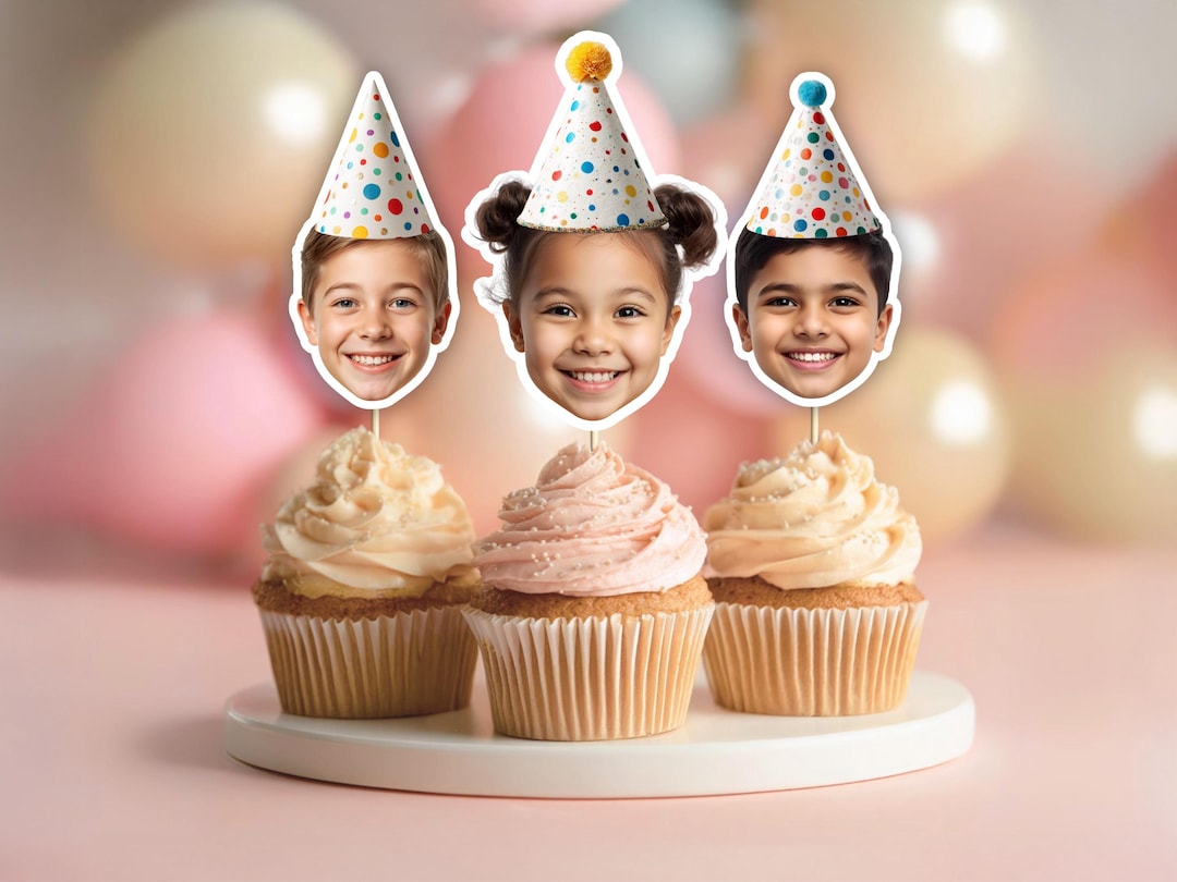 Personalized Face Cupcake Toppers Polka Dot Party Hats Birthday Photo ...