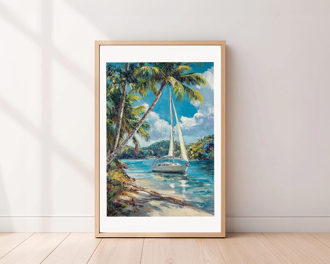 Tropical Sailboat Oil Painting, Digital Download, Paradise Island ...