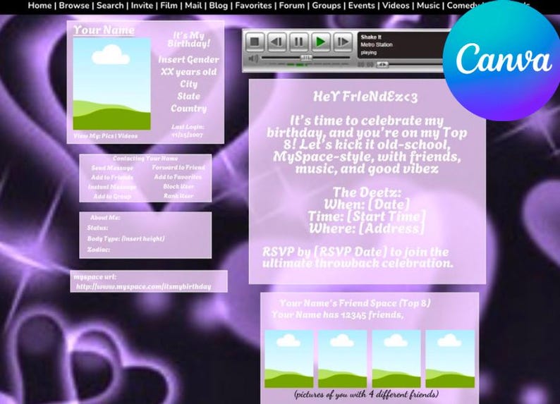 Birthday Invitation - Myspace Inspired Template | Throwback Nostalgia ...