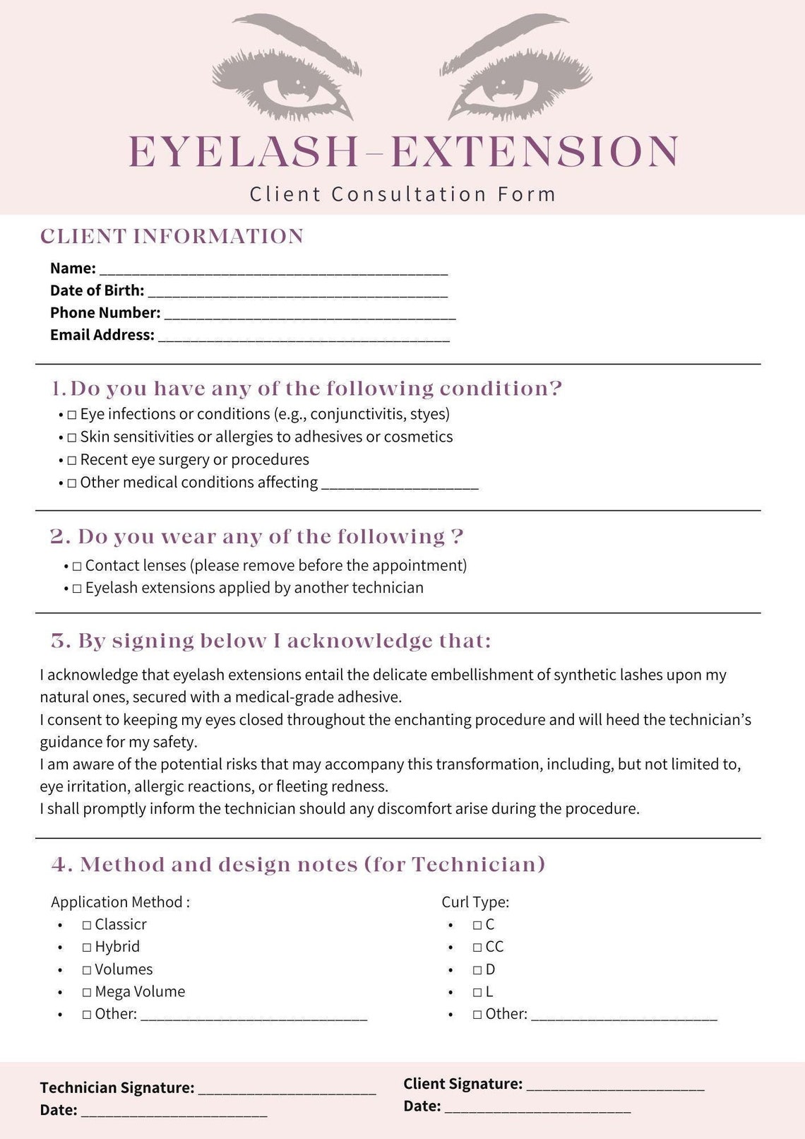 Editable Eyelash Extensions Client Consent Form Care Instruction ...