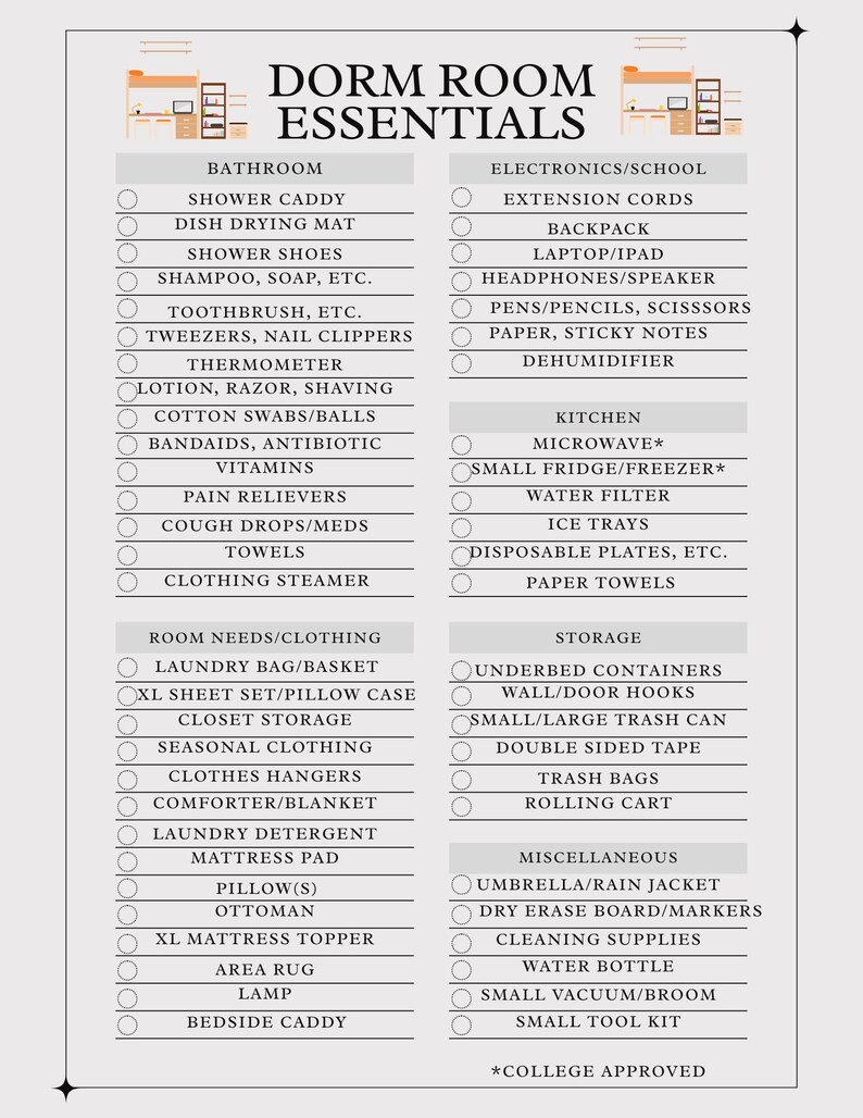 Dorm Room Essentials Checklist: Printable College Packing List (PDF Download) - Etsy