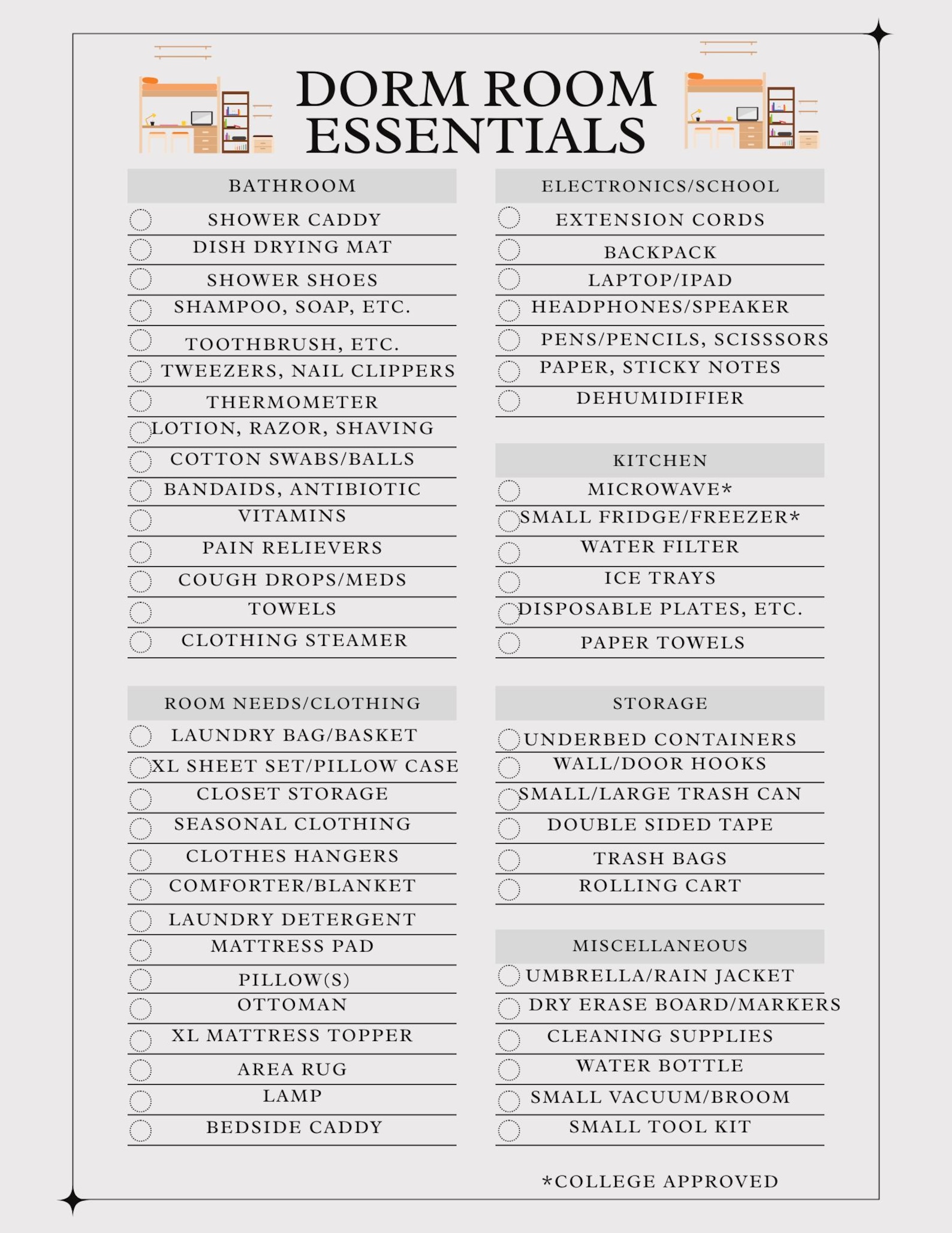 Dorm Room Essentials Checklist: Printable College Packing List (PDF ...