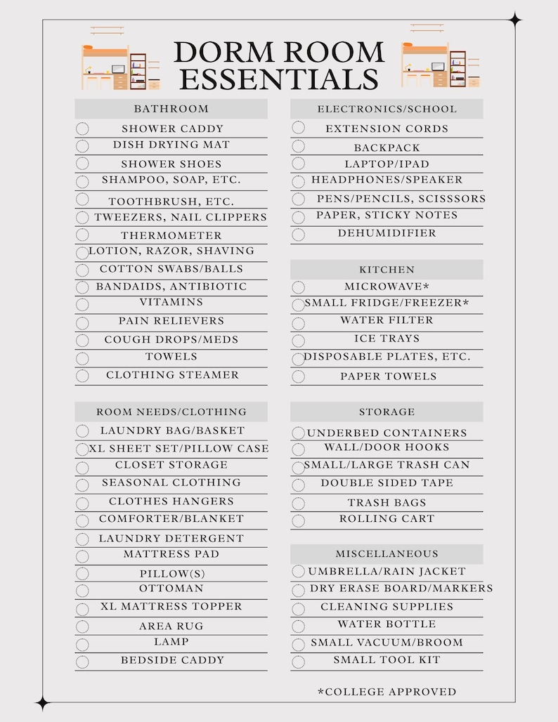 Dorm Room Essentials Checklist: Printable College Packing List (PDF ...