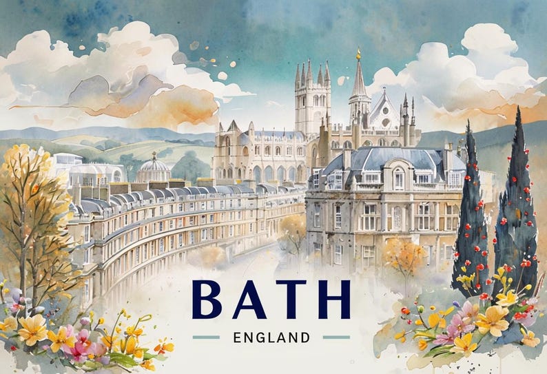 Bath England Watercolor Clipart: Royal Crescent, Roman Baths, Bath ...