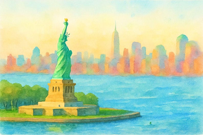 Statue of Liberty Watercolor PNG, NYC Skyline, Hudson River, Digital ...