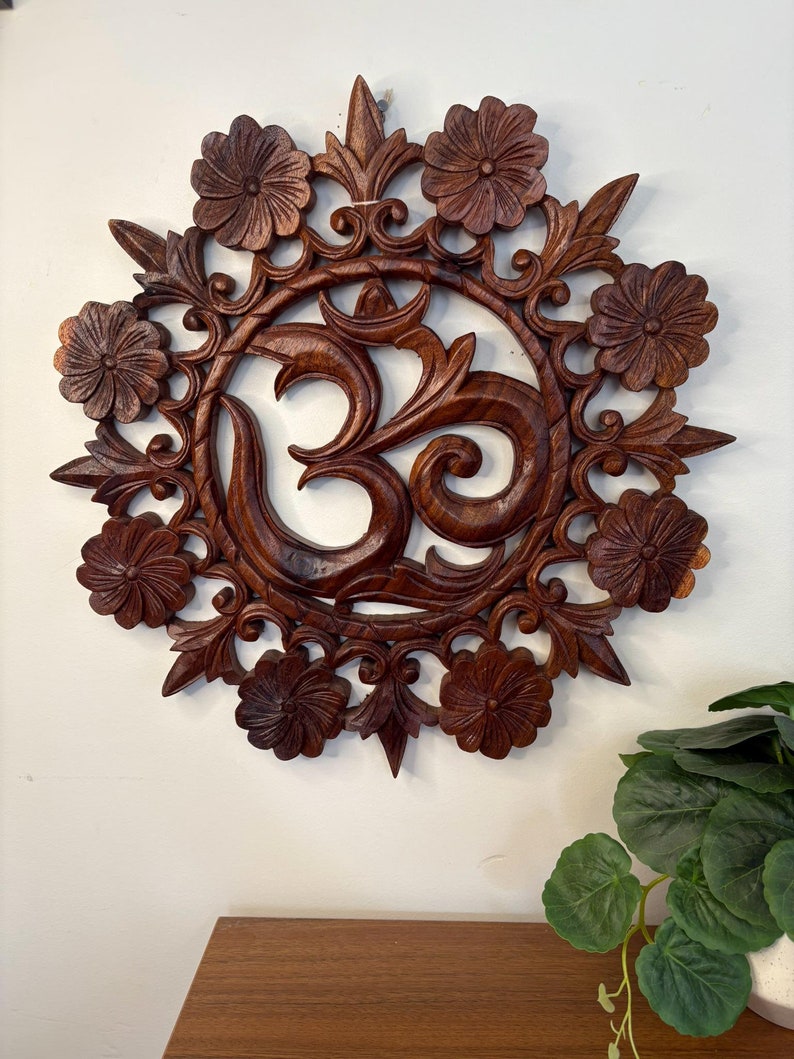 Hand Carved Wooden Wall Art Ohm Om Aum Hindu Buddhist Intricate ...